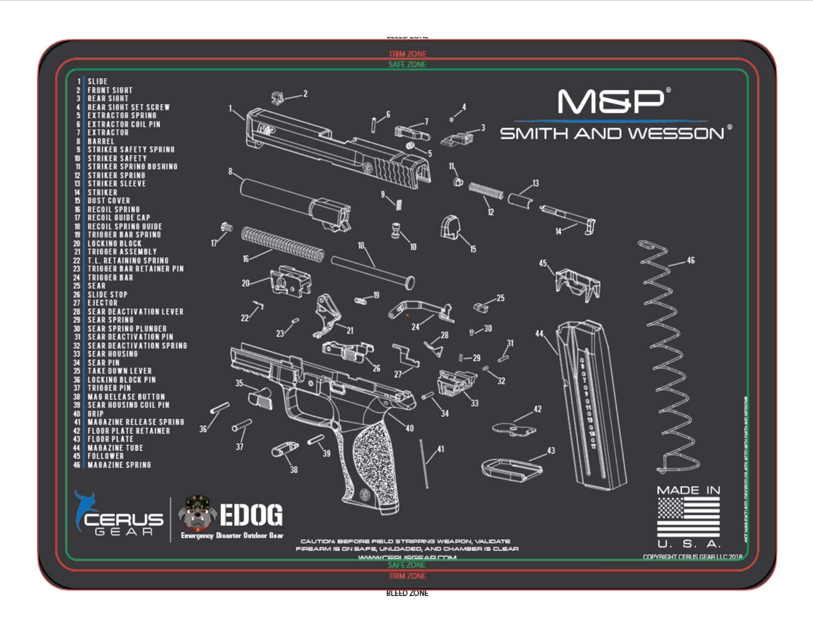 EDOG Gunslinger 20 PC Gun Cleaning Kit - Pistol Mat Compatible with S&W M&P - Schematic (Exploded View) Mat, Gunslinger Universal .22 .38 .357 9mm .40 & .45 Caliber Kit