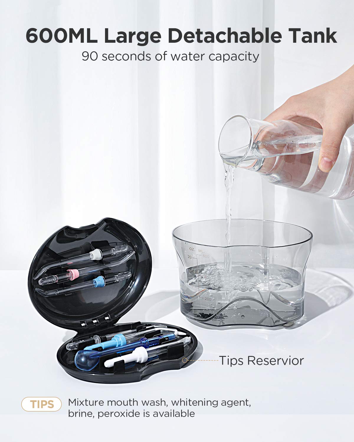 Water Flossers, 600ML Dental Water Teeth Cleaner with 8 Jet Tips for Family, 10 Adjustable Pressure, Electric Dental Pick Flosser for Teeth or Braces, Black