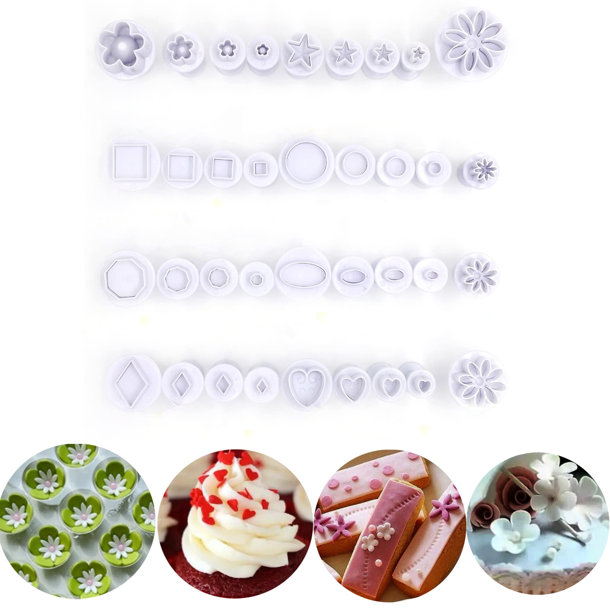 Fondant Cutters,Mini Plunger Cutter Cake Decorating Supplies,36pcs,Heart/Square/Oval/Circular/Polygon/Star/Diamond/Sunflower/Plum Flower,White