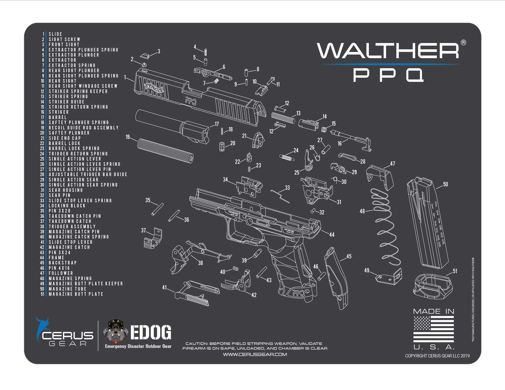 EDOG PPQ Range Warrior 27 Pc Gun Cleaning Kit - Compatible with Walther PPQ - Schematic (Exploded View) Mat, Range Warrior Universal .22 9mm - .45 Kit & Tac Book Accessories Set