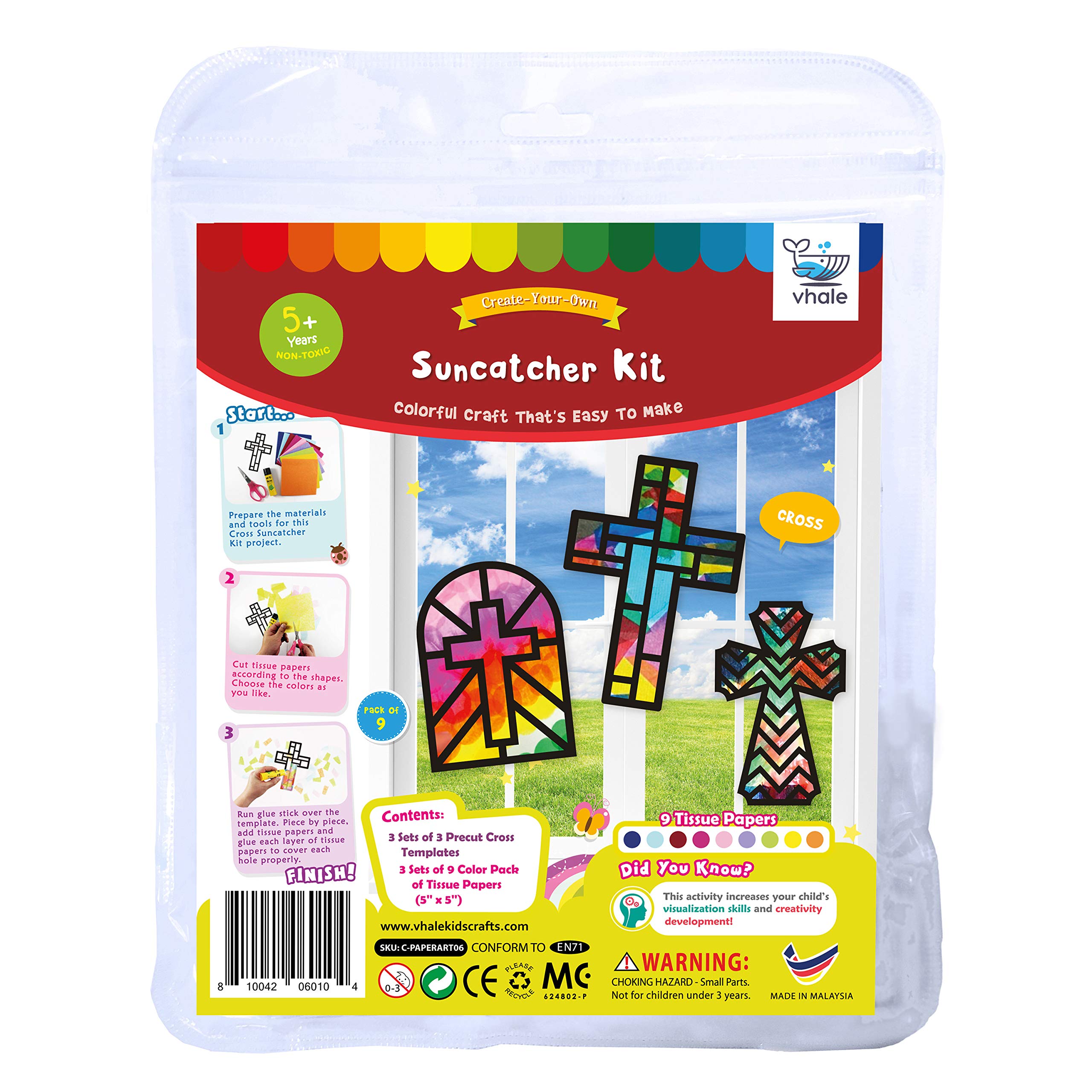 VHALE Suncatchers Craft 3 Sets (9 Cutouts) w Tissue Papers Stained Glass Effect Paper Sun Catcher Kit, Window Art, Classroom Crafts, Creative Art Projects, Kids Party Favors (Cross)