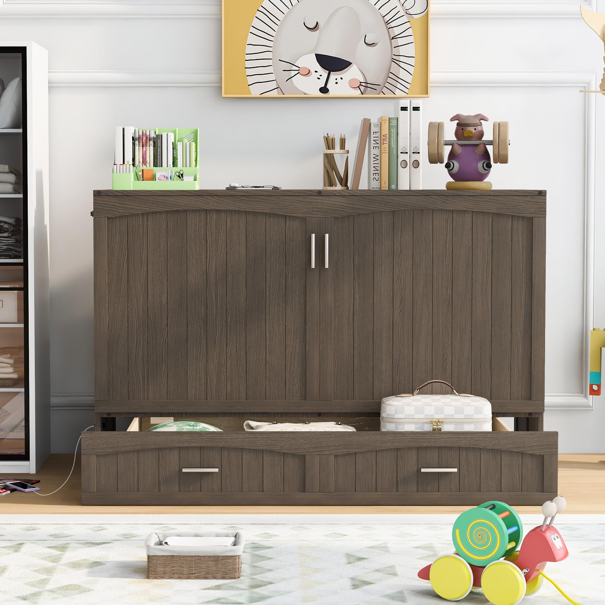 CKLMMC Rustic Queen Size Murphy Bed with Drawer and Built-in Charging Station, Solid Wood Cube Cabinet Bed for Guest Room Home Office
