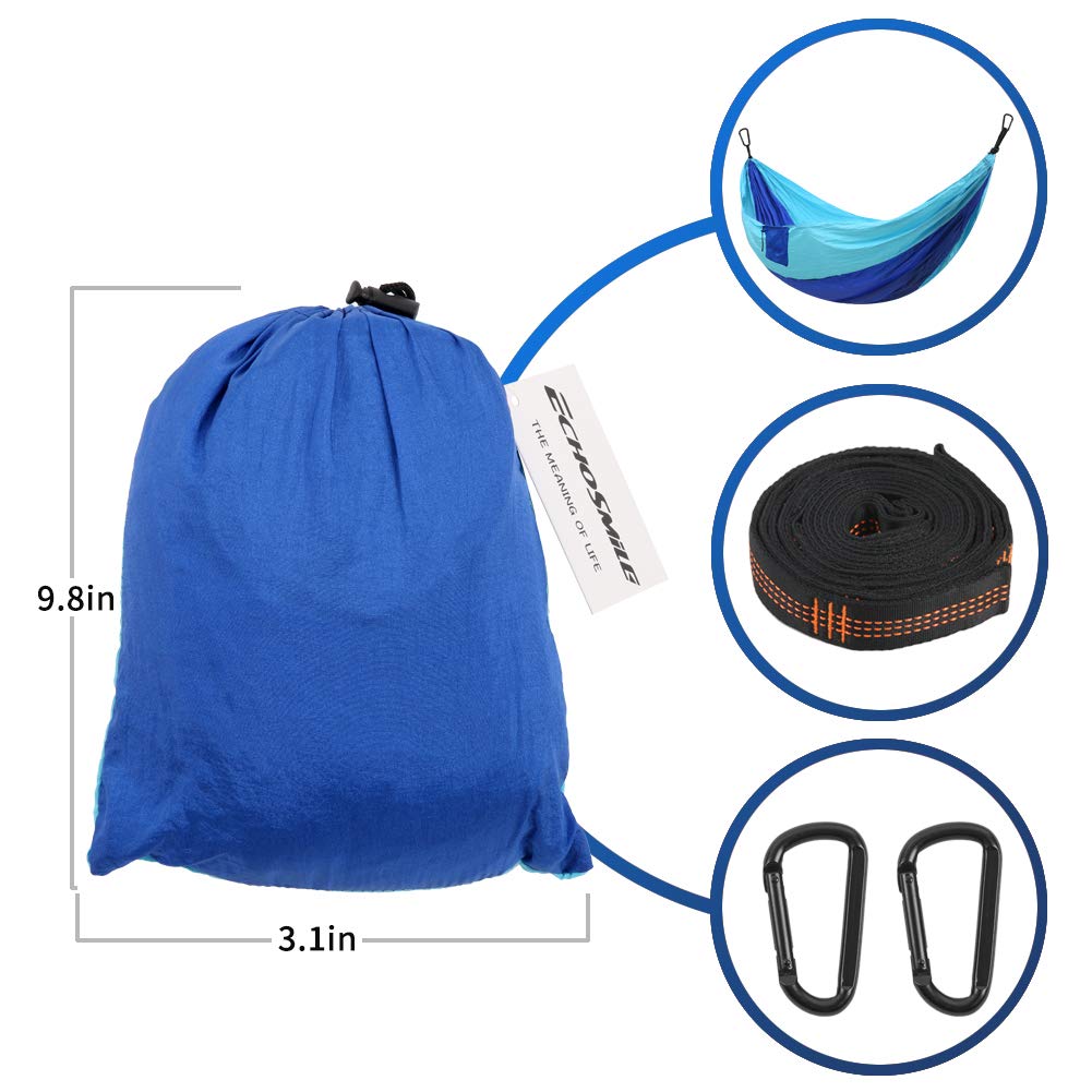 EchoSmile Blue Camping Hammock, Portable Hammocks with 2 Tree Straps, Lightweight Nylon Outdoor Hammocks for Backpacking, Travel, Beach, Backyard, Patio, Hiking