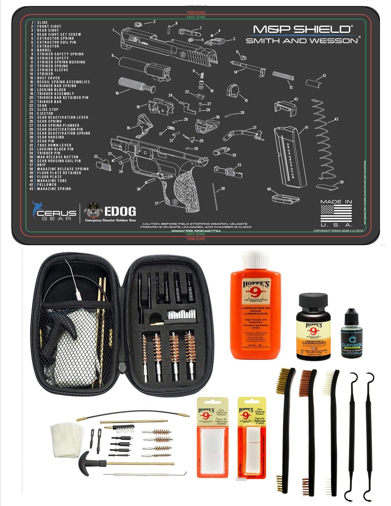 EDOG Range Warrior 27 Pc Gun Cleaning Kit - Compatible with S&W M&P Shield - Schematic (Exploded View) Mat, Range Warrior Universal .22 9mm - .45 Kit & Tac Book Accessories Set