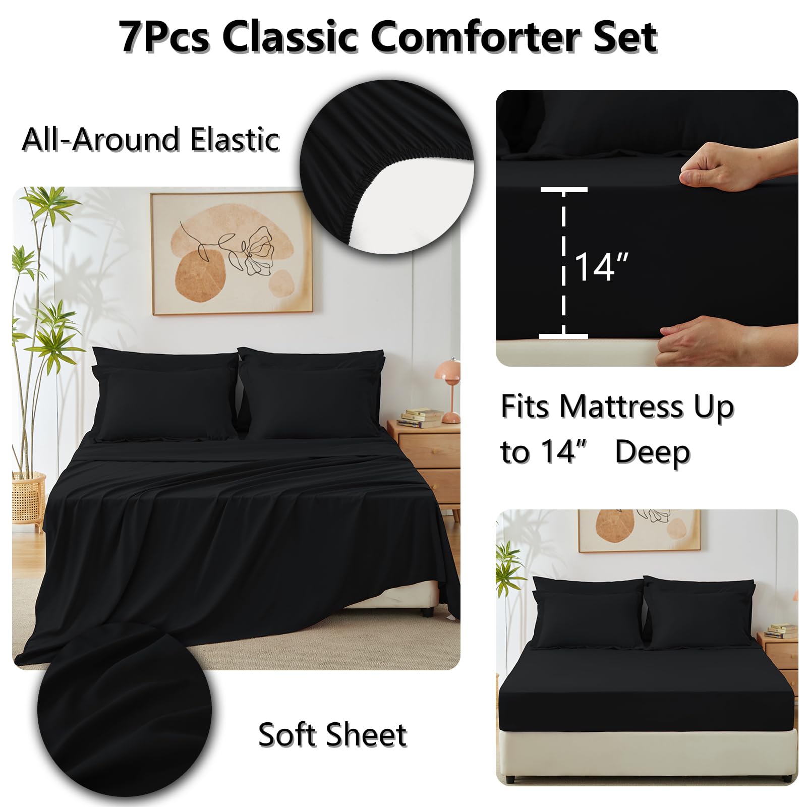 CozyLux Queen Comforter Set with Sheets 7 Pieces Bed in a Bag Black All Season Bedding Sets with Comforter, Pillow Shams, Flat Sheet, Fitted Sheet and Pillowcases