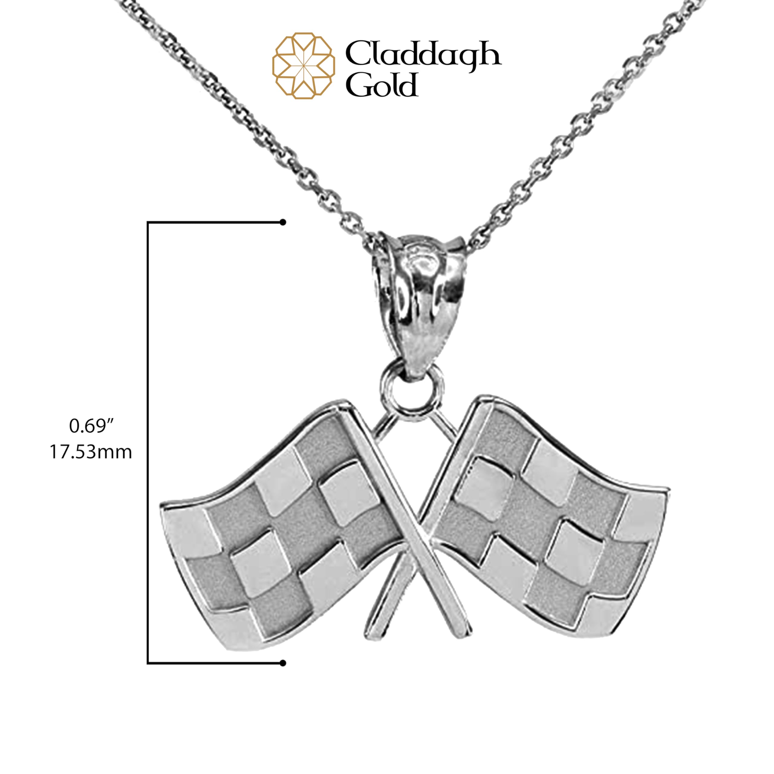 Claddagh Gold .925 Sterling Silver 2/3” x 7/8" Checkered Racing Flags Charm Pendant Necklace - 16"