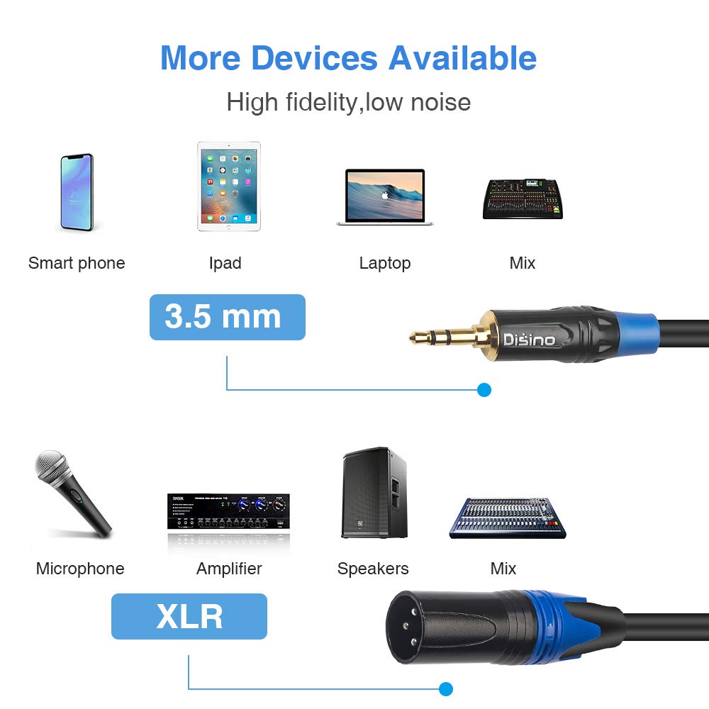Disino 3.5mm to XLR Cable, Unbalanced 1/8 inch Mini Jack TRS Stereo Male to XLR Male Microphone Audio Cable - 3.3 FT
