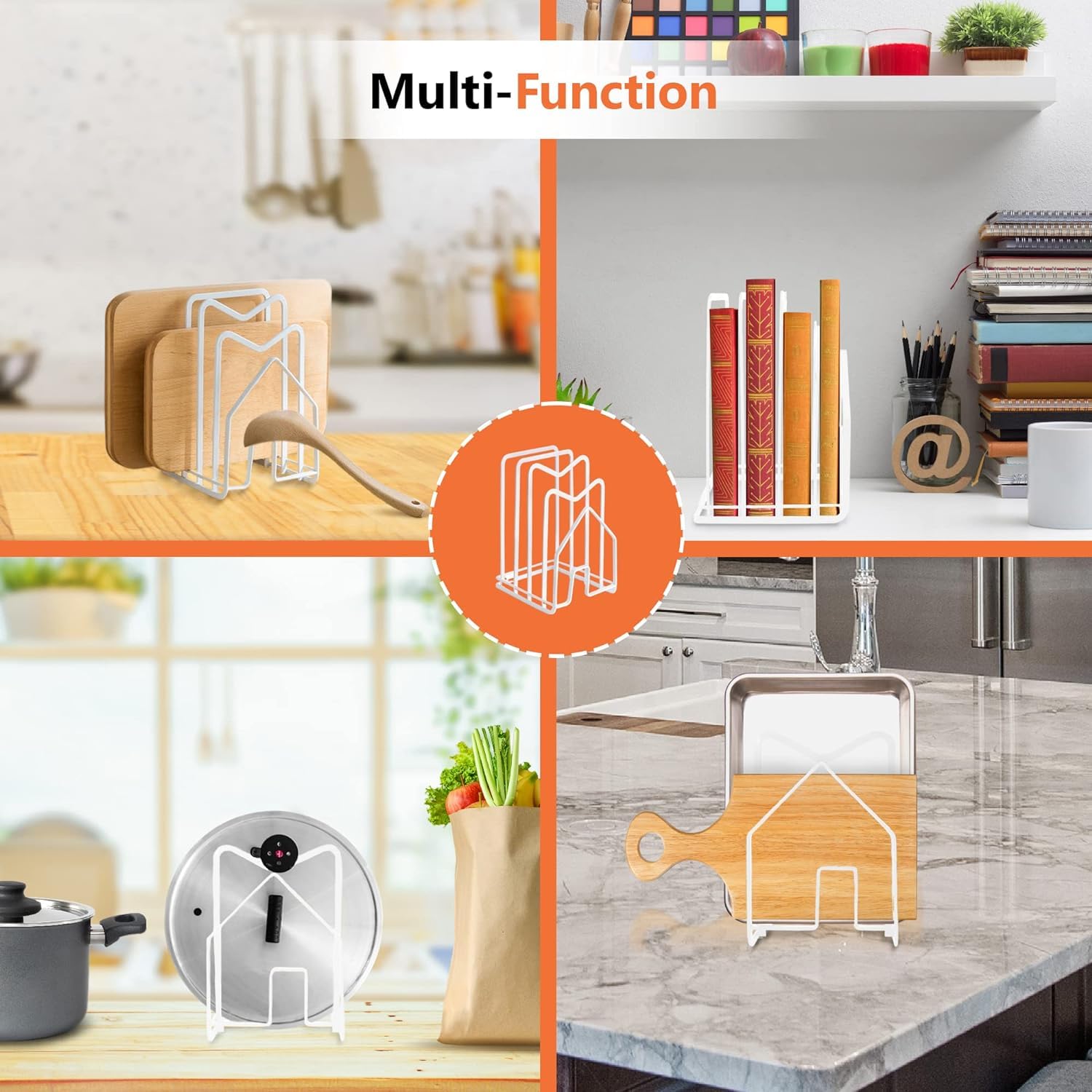 Cutting Board organizer-Streamline Your Kitchen with a 4-Slot Board Organizer- Keep Countertops Clutter-Free and Pots and Pans Neatly Stacked - Measures 12.5x14.5 (White)