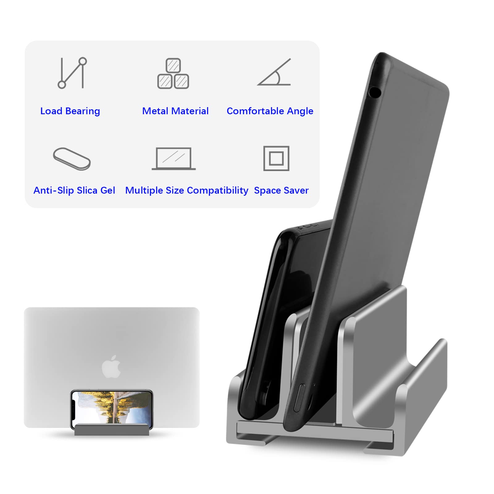 Elejolie Vertical Holder for Laptop,Surface Vertical Laptop Stand 3 Slot with Adjustable Size,Aluminium Alloy Upright Mac Stand for Desk(Grey)
