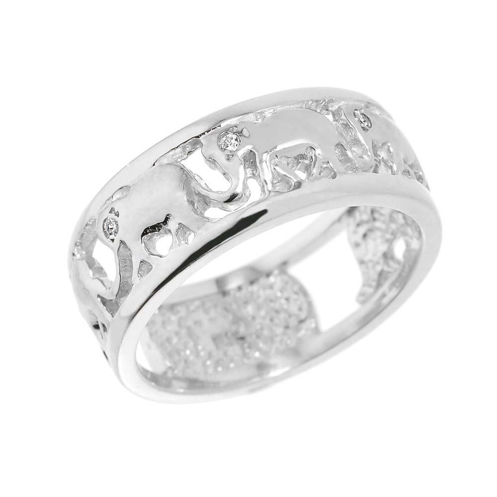 Claddagh Gold Fine 925 Sterling Silver Open Design Band CZ-Studded Elephant March Ring (Size 10)