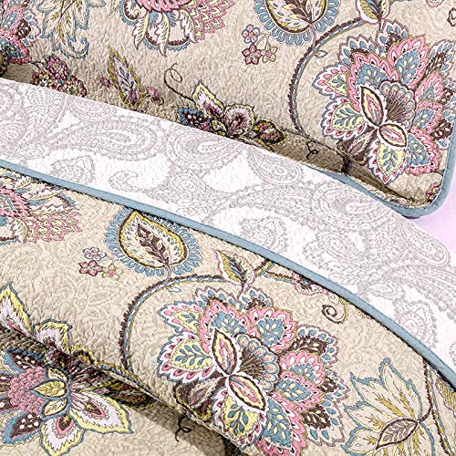 Dodou Queen Size European Gorgeous Floral Pattern Bedspread Quilt Sets-Reversible Patchwork Coverlet Set Patchwork Quilt Bedding Set 3pc