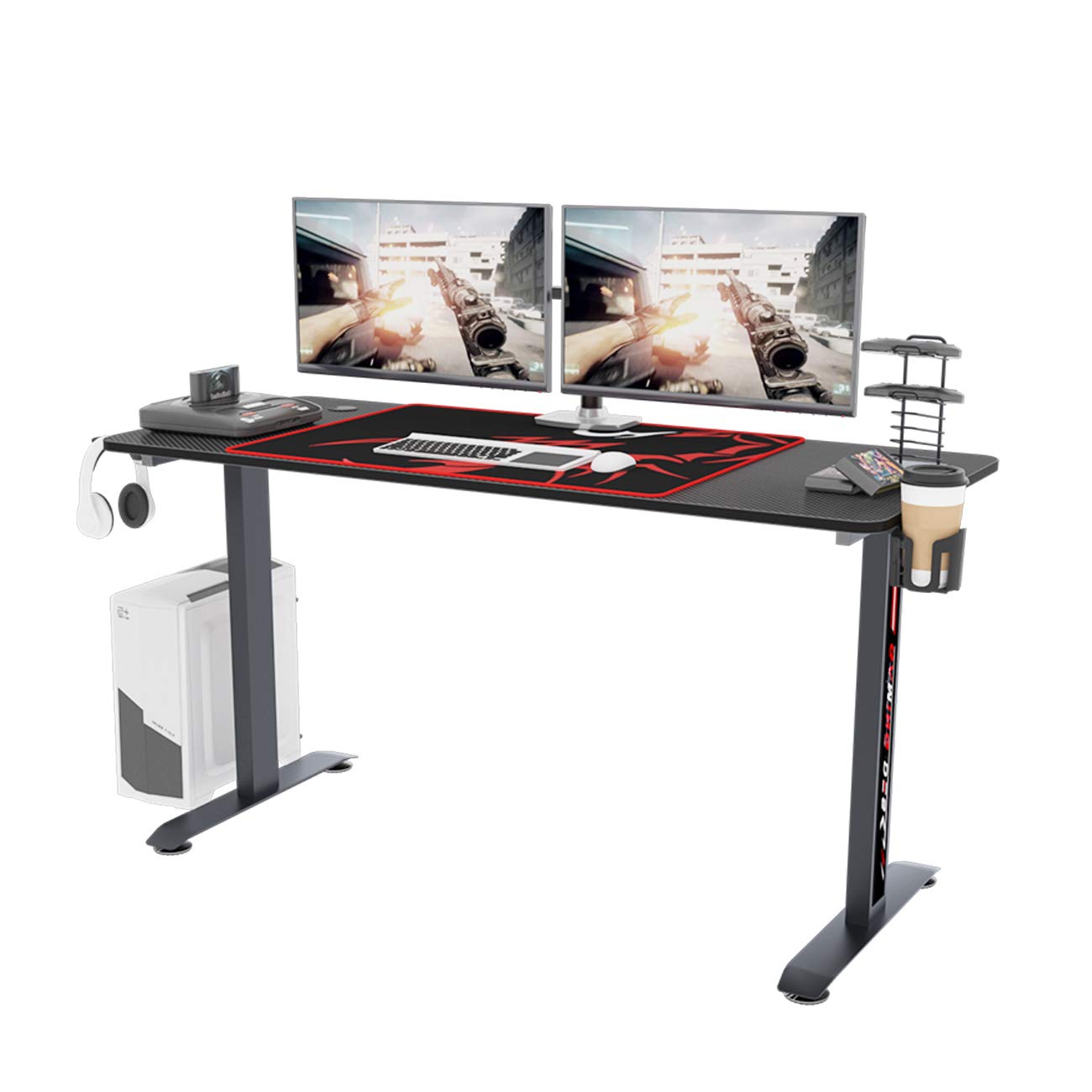DlandHome 55 inches Gaming Desk, Large PC Gaming Table Computer Desk Workstation Racing Table E-Sports PC Desk with Cup Holder & Headphone Hook Powerful Cabling Management PC Desk, I55, Black