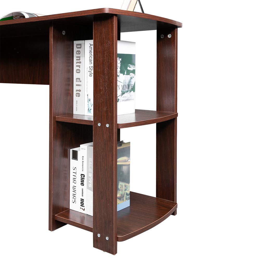 Dark Brown Computer Desk Corner Desk with Shelves, Home Office Desk, L-Shaped Desk Table Workstation Writing Table with Storage Shelves 52.75" H x 19.67 "Lx 27.56" H
