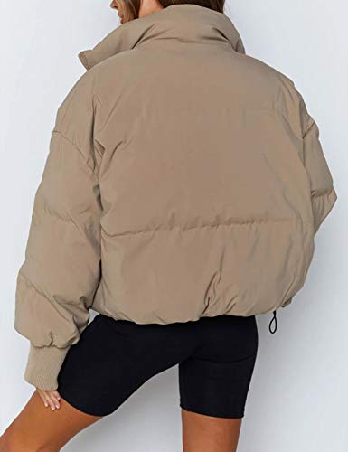 Uaneo Womens Casual Padded Full Zip Stand Collar Long Sleeve Puffer Jackets (Khaki, M)