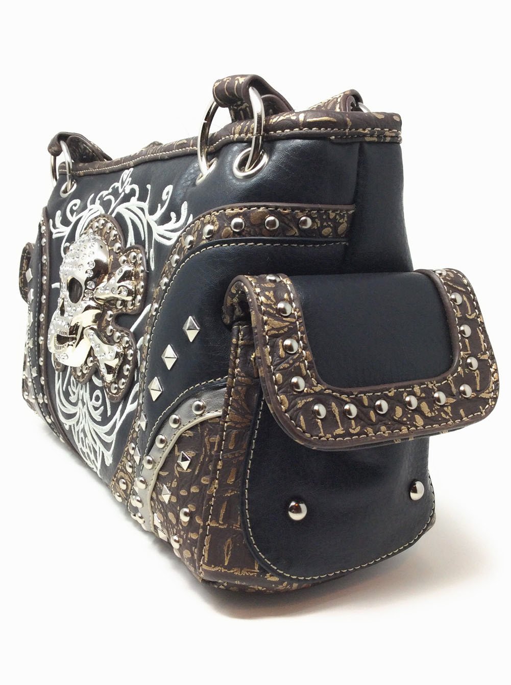 Texas West Rhinestone Embroidered Metal Skull Leather Womens Concealed Carry Handbag With Matching Wallet 6 colors (Black)