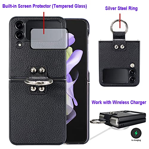 Vitodo for Galaxy Z Flip 4 Case with Ring Holder, Genuine Leather Material Built-in Back Screen Protector Shockproof Protective Phone Cover Slim fit for Samsung Galaxy Z Flip4 5g (2022) - Black