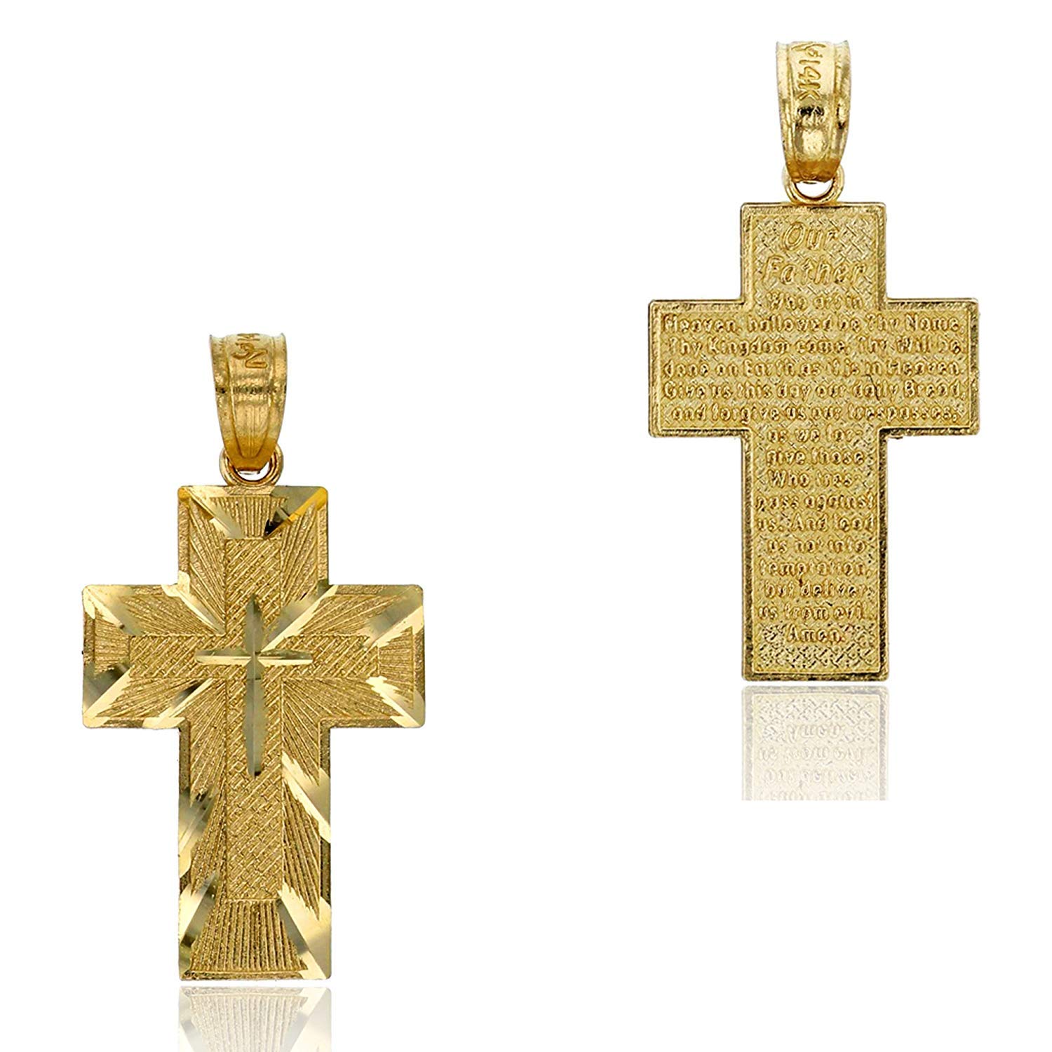 DECADENCE 14K Yellow Gold Diamond Cut Textured 25X12.5mm Our Father Prayer Engraved Cross Pendant