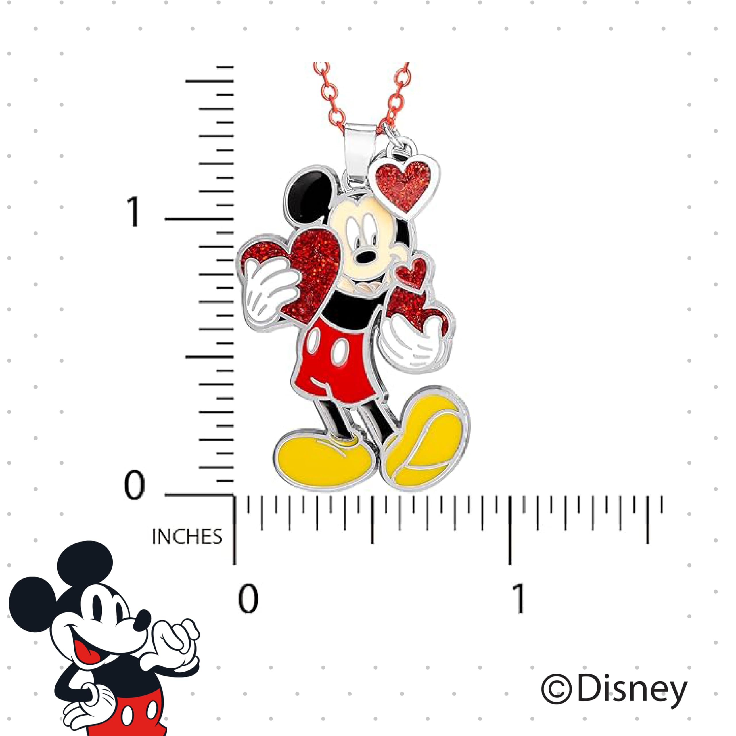 Disney Womens Mickey Mouse Necklace 16" + 2" - Red Chain Necklace with Red Heart Charm and Mickey Mouse Pendant - Mickey Mouse Gifts