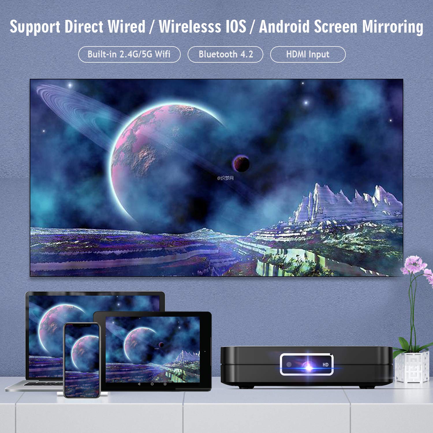 DLP Projector TOUMEI K1, Portable Movie Projector High Bright 350-ANSI, Android Smart Video Projector Support 1080P 300" MAX WiFi BT 4.2 HDMI iOS Android Mirroring Electric Focus Large Speakers