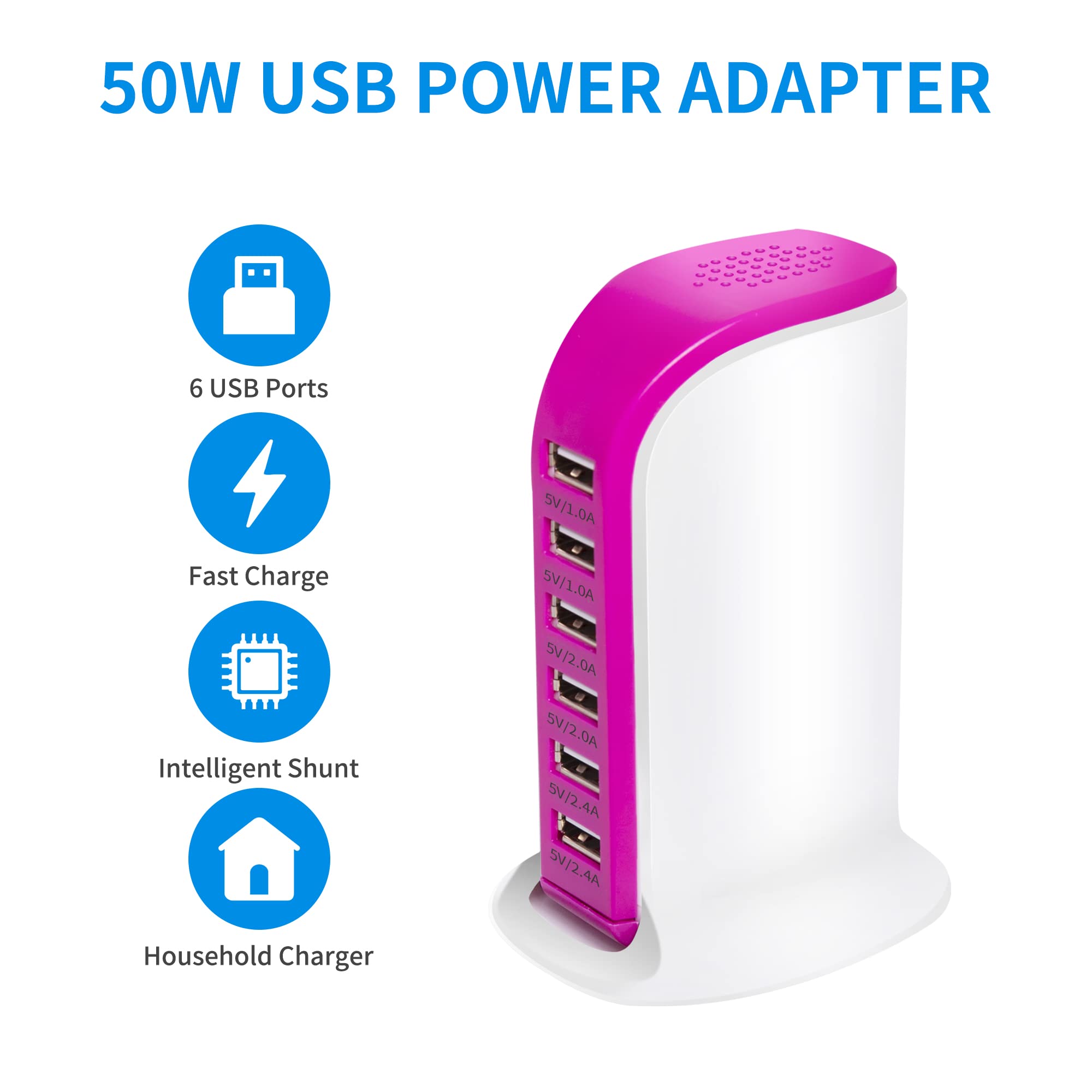 Wyssay 10A(50W) Universal USB Charger,6-Port Independent Desktop USB Charging Station,Multi Charger Block with 4 Ft Extension Cord, USB Fast Charger for Phone Ipad and More(Pink)