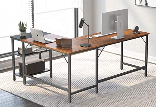CubiCubi L Shape Computer Desk with Storage Shelf Study Writing Table for Home Office, Modern Simple Style PC Desk, Black Metal Frame
