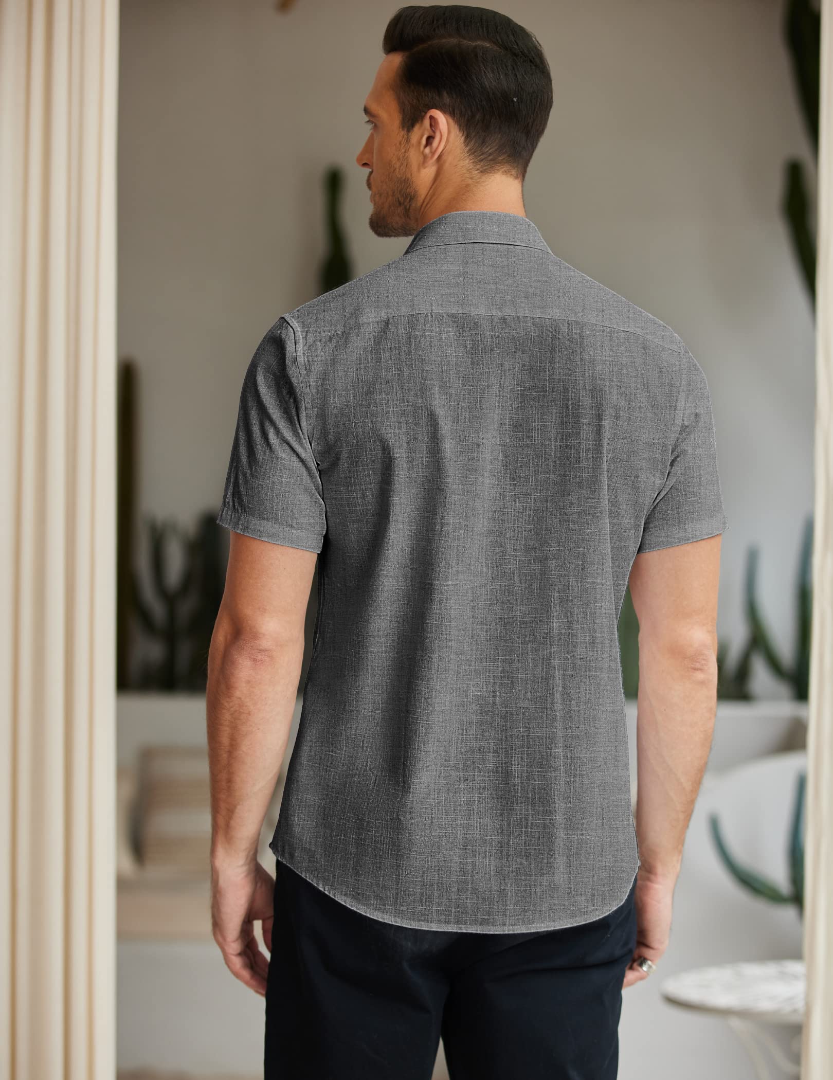 COOFANDY Mens Cotton Linen Shirts Short Sleeve Button Down Shirts Casual Summer Beach Vacation Shirts