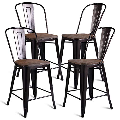 COSTWAY Tolix Style Dining Stools with Wood Seat and Backrest, Industrial Metal Counter Height Stool, Modern Kitchen Dining Bar Chairs Rustic, Copper