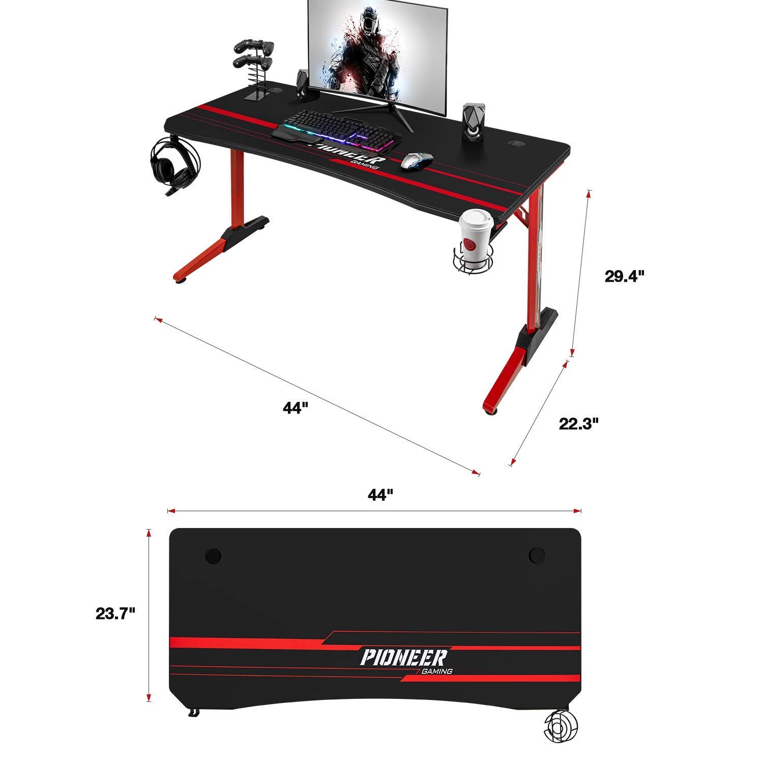Devoko 63 Inch Gaming Desk T-Shaped PC Computer Table with Free Mouse Pad Carbon Fibre Surface Home Office Desk Gamer Table with Game Handle Rack Headphone Hook and Cup Holder (Black)