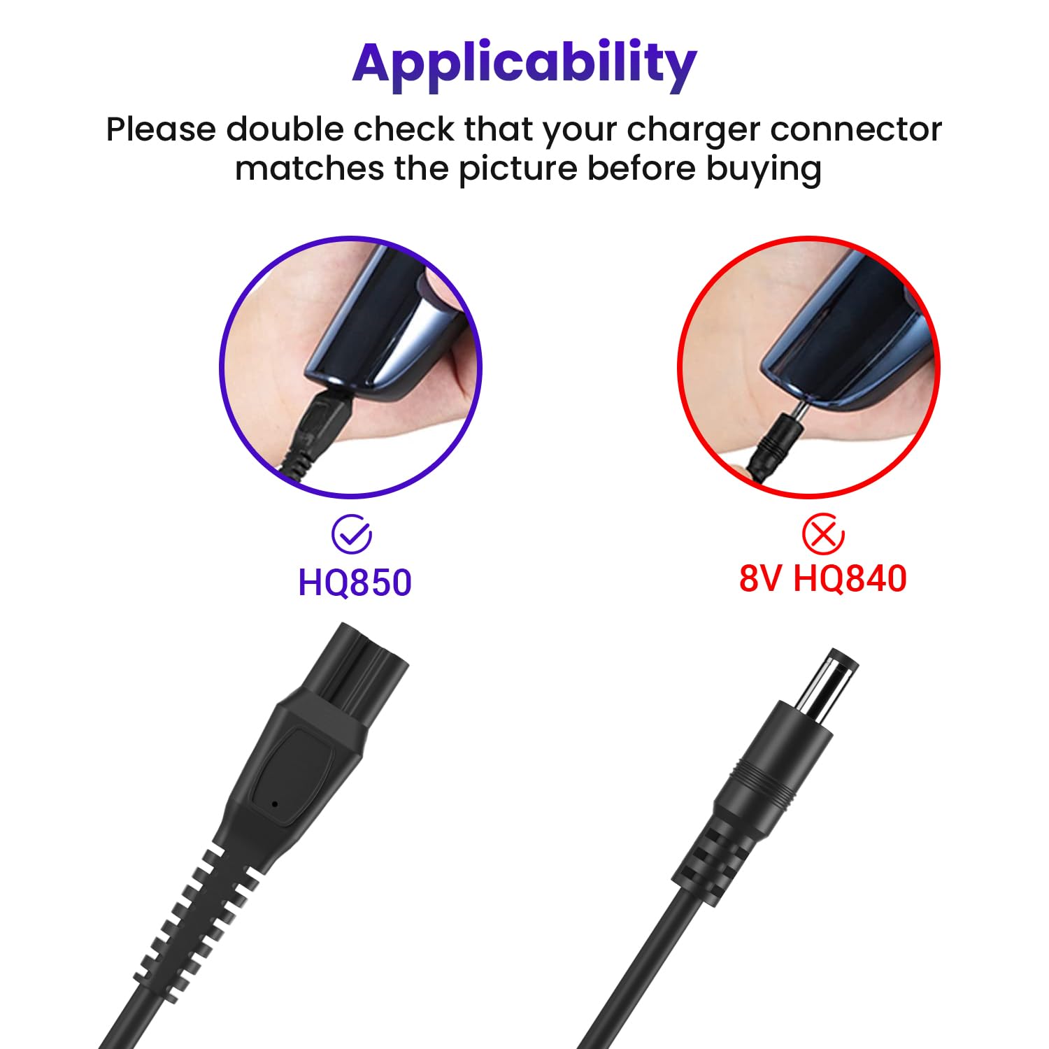 XXSZHY 8V HQ850 Shaver Charger Fit for Philips HQ850 Power Cord - Norelco One Blade QP2630 QP2530 Oneblade Razor Supply Adapter Replacement 3.3FT (8v 100ma)