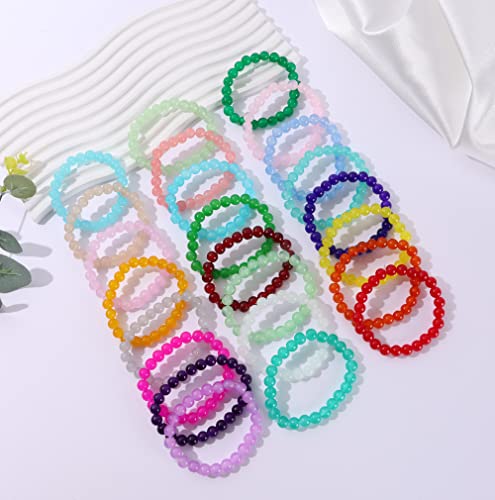 WAINIS 24PCS 8mm Glass Beaded Bracelets for Women Elastic Stretch Round Bead Healing Bracelet Multicolor Handmade Stackable Beads Bracelet