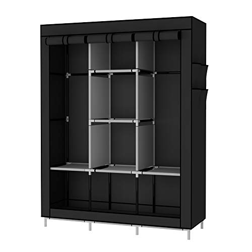 UDEAR Portable Wardrobe Closet Clothes Organizer Non-Woven Fabric Cover with 6 Storage Shelves, 2 Hanging Sections and 4 Side Pockets,Black