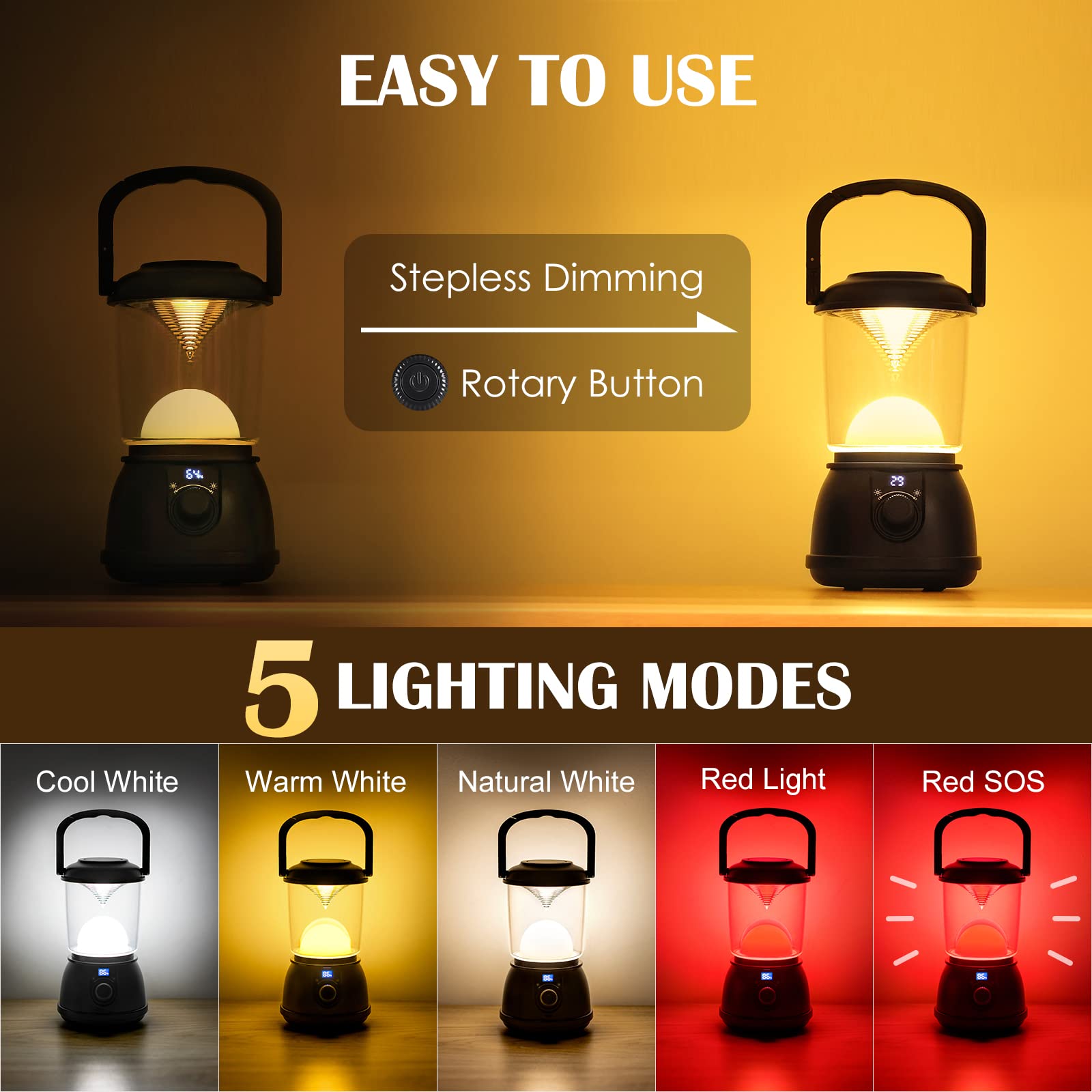 Sinvitron LED Camping Lantern Rechargeable, Up to 150H Play, 5 Light Mode, 5200mAh Power Bank, IPX5 Waterproof, Tent Lights Lantern Flashlight for Power Outages, Hurricane, Emergency, Home (Black)