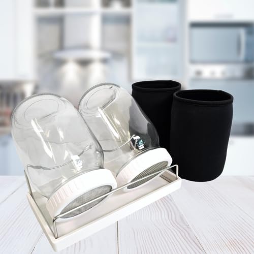 ON THE GROW - Complete Sprouting Kit - 2 Large 32oz Wide-Mouth Mason Jars, Premium Screen lids, Blackout Sleeves, Tray and Sprouter Stand - for Growing Broccoli, Mung Bean, Alfalfa Sprout from Seed