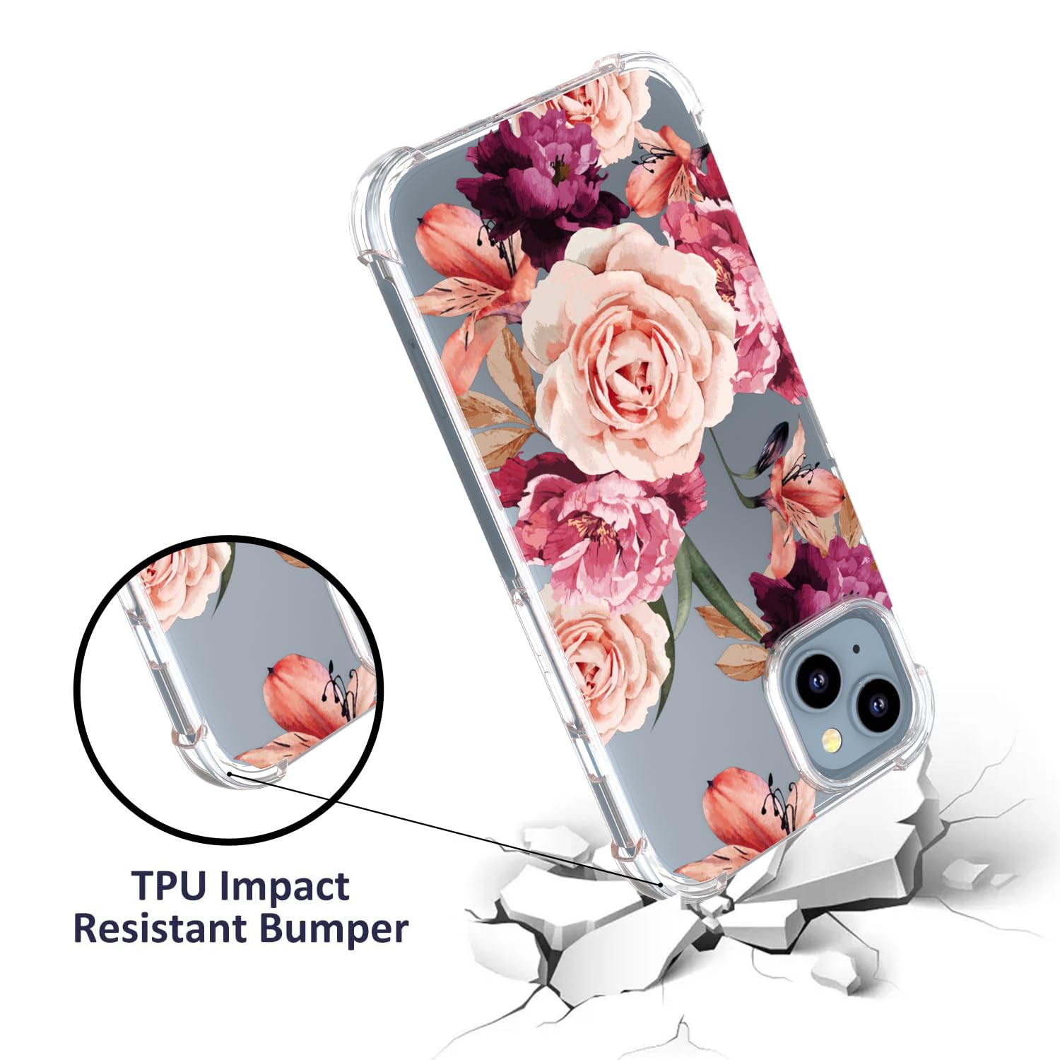 CoverON Compitable with Apple iPhone 15 Plus Case for Women, Slim Floral Design Clear TPU Rubber Flexible Soft Skin Cover Protective Sleeve for iPhone 15+ (6.7) Phone Case - Peony Flower