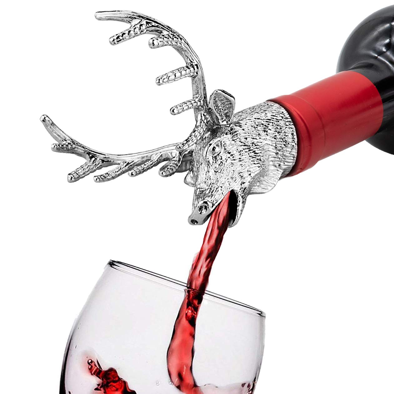 FREEMASTER Wine Pourer Wine Aerators Stainless Deer Stag Head Wine Pourer Stags Head Bottle Pourer Unique Gift Ideas Bar Accessories Birthday and Wedding Christmas Gifts (Silver white)