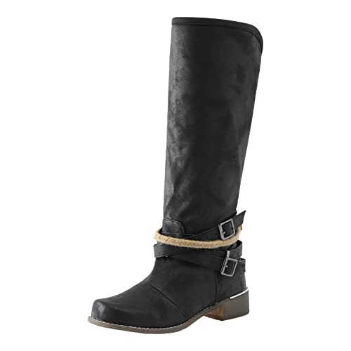 FASDNENDYS Socks Womens Mid Calf Womens Shoes Square Toe Belt Buckle Back Zipper Chunky Heel Wide Calf Womens Boots Black