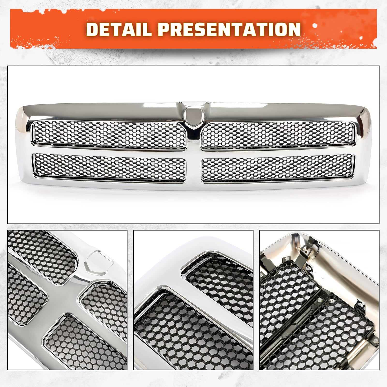 ECOTRIC Front Grille Compatible with 1994-2002 Dodge Ram 1500 2500 3500 Chrome w/Honeycomb Upper Grille Replacement for CH1200178 55055252