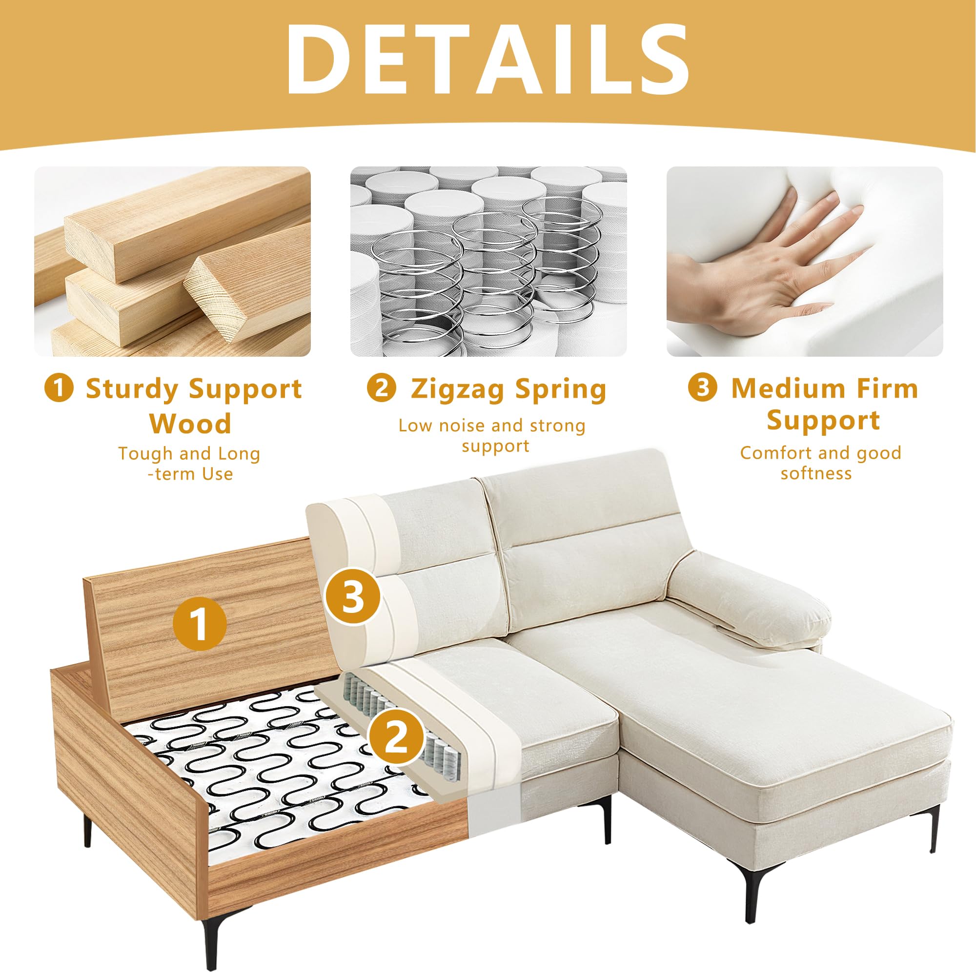 Ihanherry 85β Convertible Sectional Sofa Couch, 3 Seat Sofa for Living Room L-Shaped Modern Chenille Fabric Modular Sofa Reversible Wide Chaise & Fluffy Armrests for Apartment (Beige)