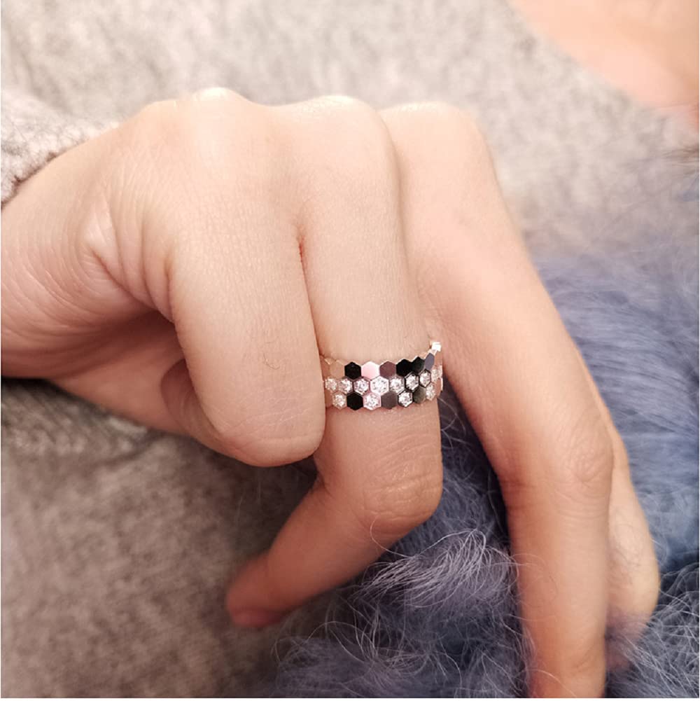 Detail 18K Plated Platinum/Rose Gold Cute Bee Honeycomb Ring Minimalist Women's Geometric 3PCS Set Shiny Cubic Zirconia Diamond Hexagonal Ring Wedding Anniversary Eternity Ring (8#, Platinum)