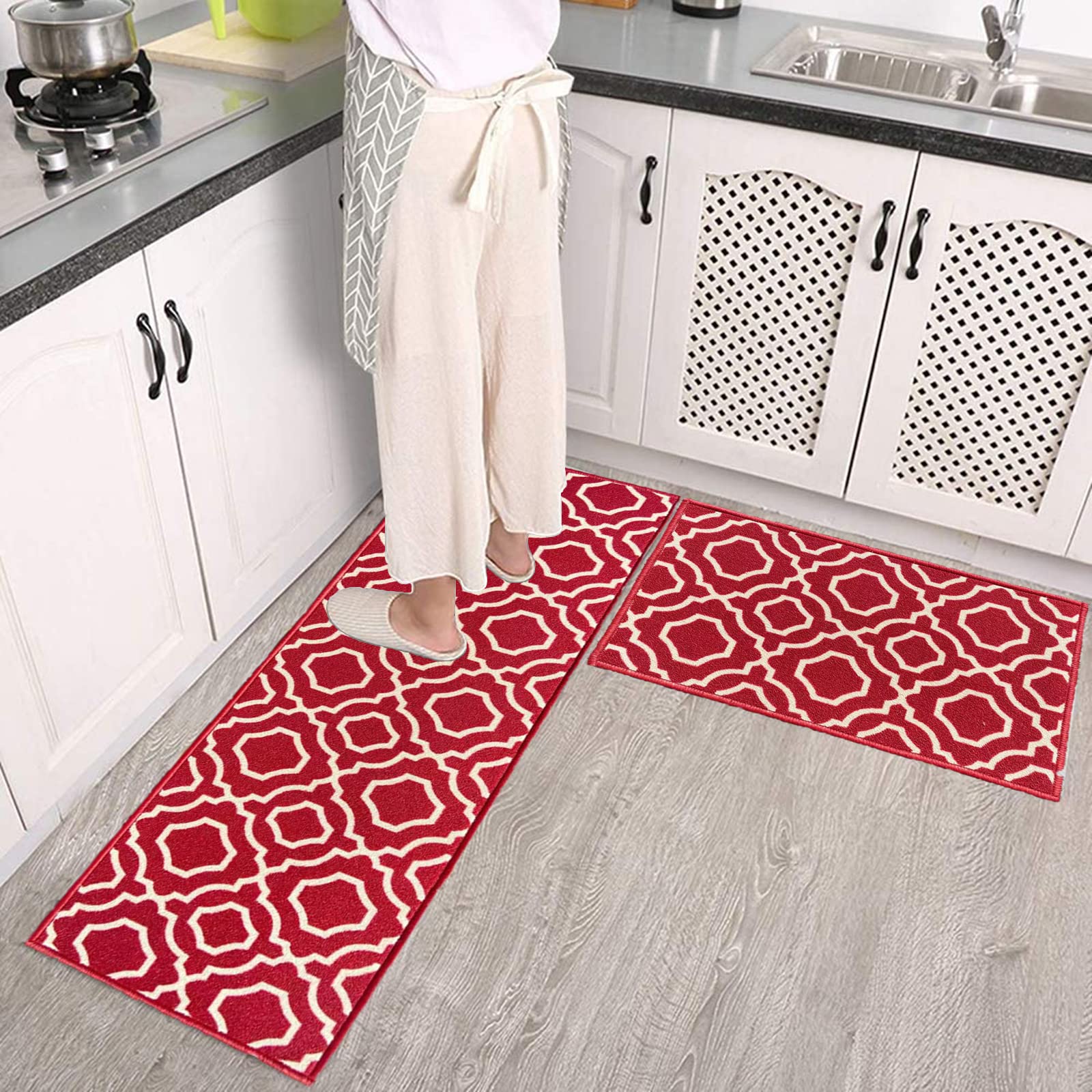 Easychan 2 Piece Carpet Rubber Backing Kitchen Mat Doormat Area Rugs (15"x47"+15"x23", Red)