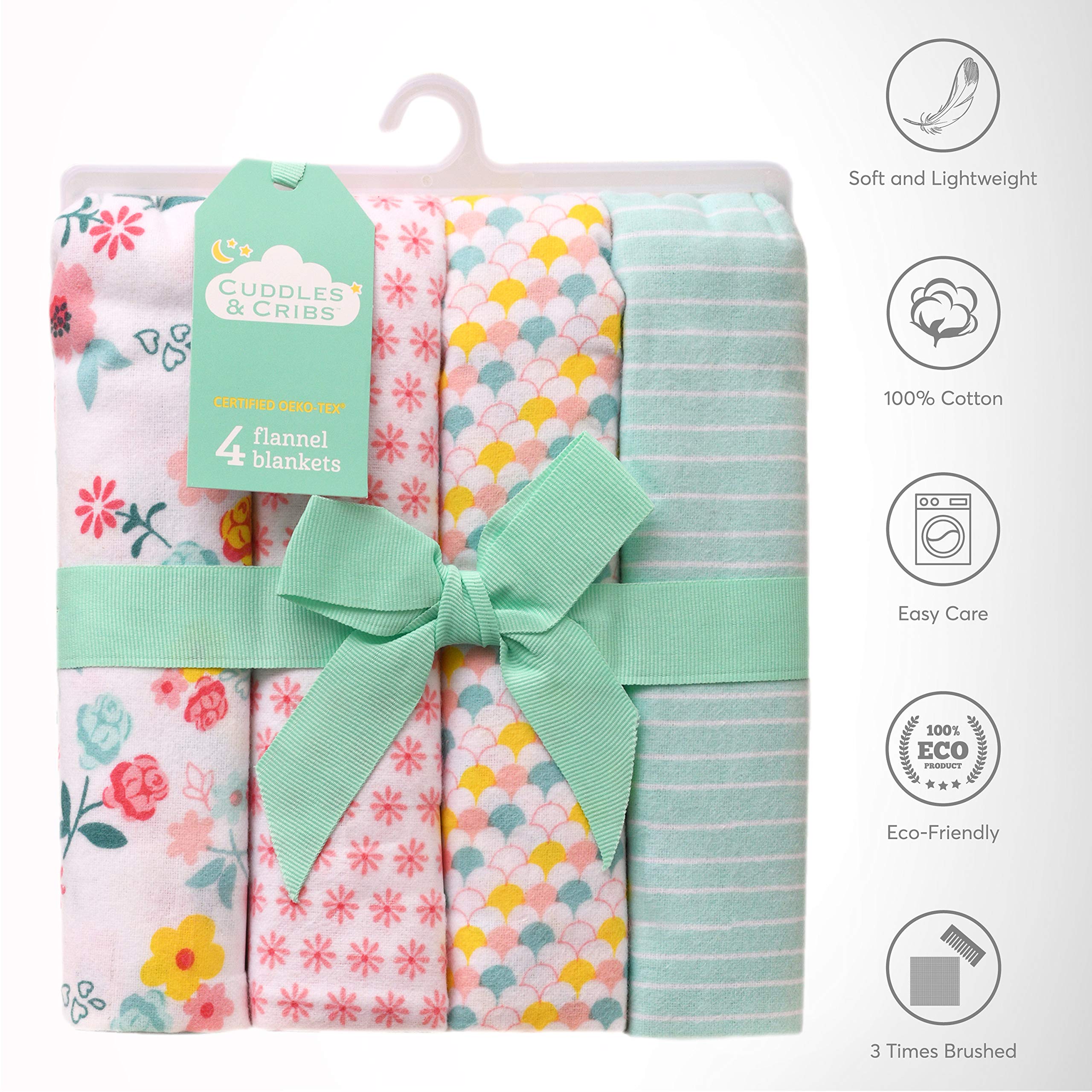 Cuddles & Cribs New Born Cotton Flannel Baby Receiving Blankets - 4 Count (Floral Stripes)