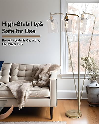 Oneach 66.5 '' Industrial Floor Lamp for Living Room Modern Standing Lamps with Hanging Clear Glass Shade Reading Tall Pole Lamp for Bedroom Office Study Room AB Antique Brass(Bulb Included)