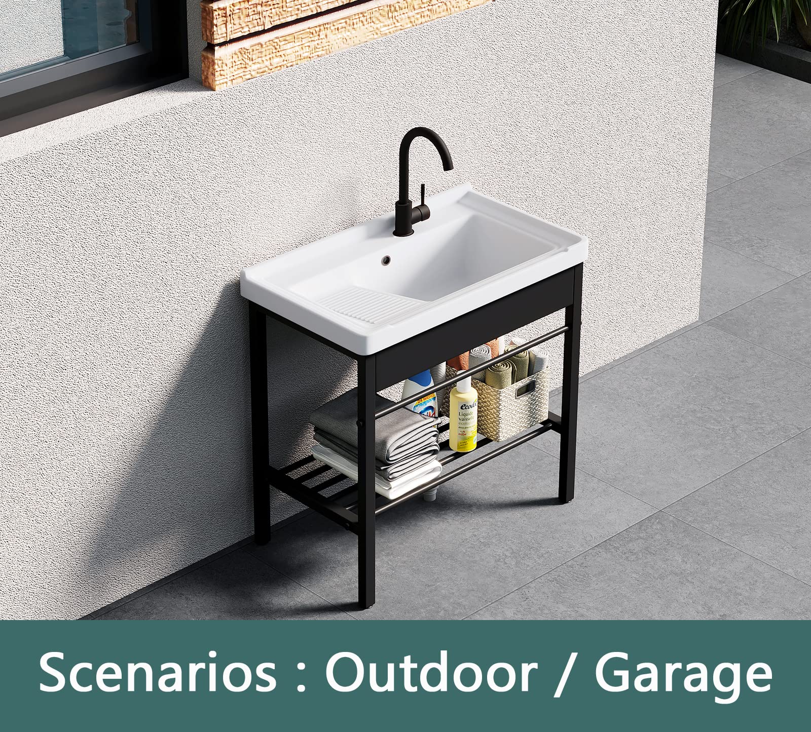 Freestanding Sink, 28.3" × 19" × 32.3" Ceramic Utility Sink with Washboard Set with Bracket and Drain Kit for Laundry Room, Garage, Basement, Outdoor and Indoor