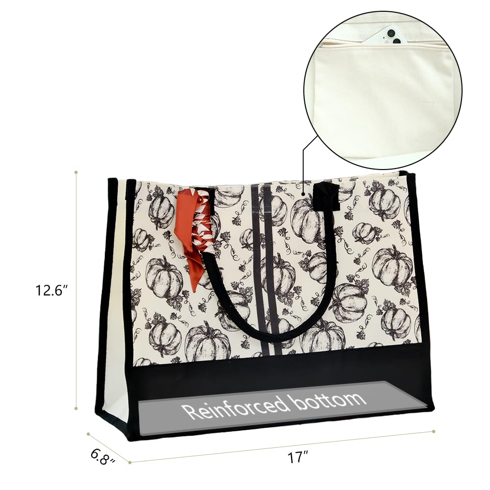 CROWNED BEAUTY Fall Canvas Tote Bag with Zipper Pocket Personalized Gift for Women, Pumpkins Leaves Beach Bag CT53