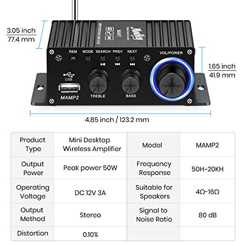 Moukey Mini amplifier home audio Bluetooth 5.0 for speakers- 50W 2 Channel Power Audio Receiver FM USB, AUX, with Remote Control, Power Supply for Car Home use, Tablets, Phones, Computers - MAMP2