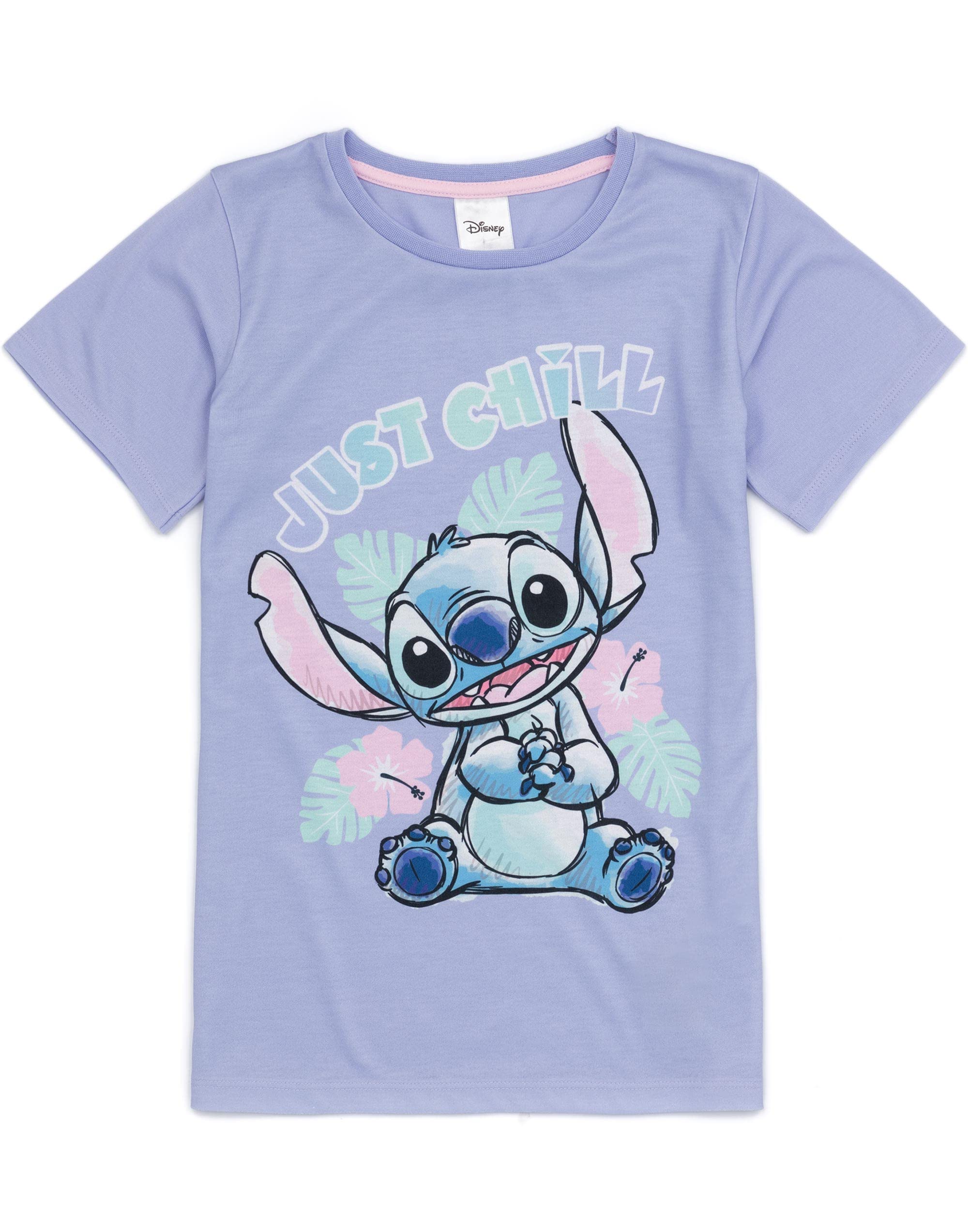 Disney Lilo And Stitch Girls 2 Pack Pyjama Set | Kids Short Sleeve T-Shirt Complete & Shorts PJs | Just Chill Alien Graphic Purple