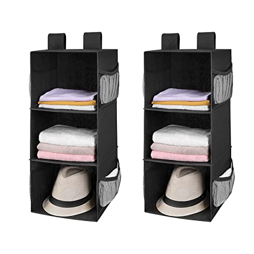 MAX Houser 3-Shelf Hanging Closet Organizers, Collapsible Closet Hanging Shelves for Camper, Nursery Hanging Organizers, Black, 2-Pack