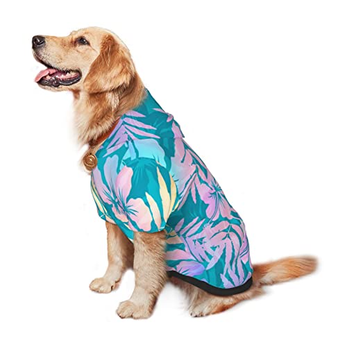 Large Dog Hoodie Turquoise-Blue-Pink-Flowers-Leaves Pet Clothes Sweater with Hat Soft Cat Outfit Coat Small