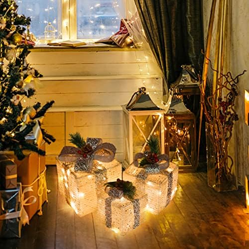 COVFEVER Christmas Lighted Gift Boxes, Pre-lit Lights Gold Linen Cloth Gift Boxes, Light up Present Boxes Set Battery Operated with Different Sizes for Holiday Indoor Outdoor Decorations