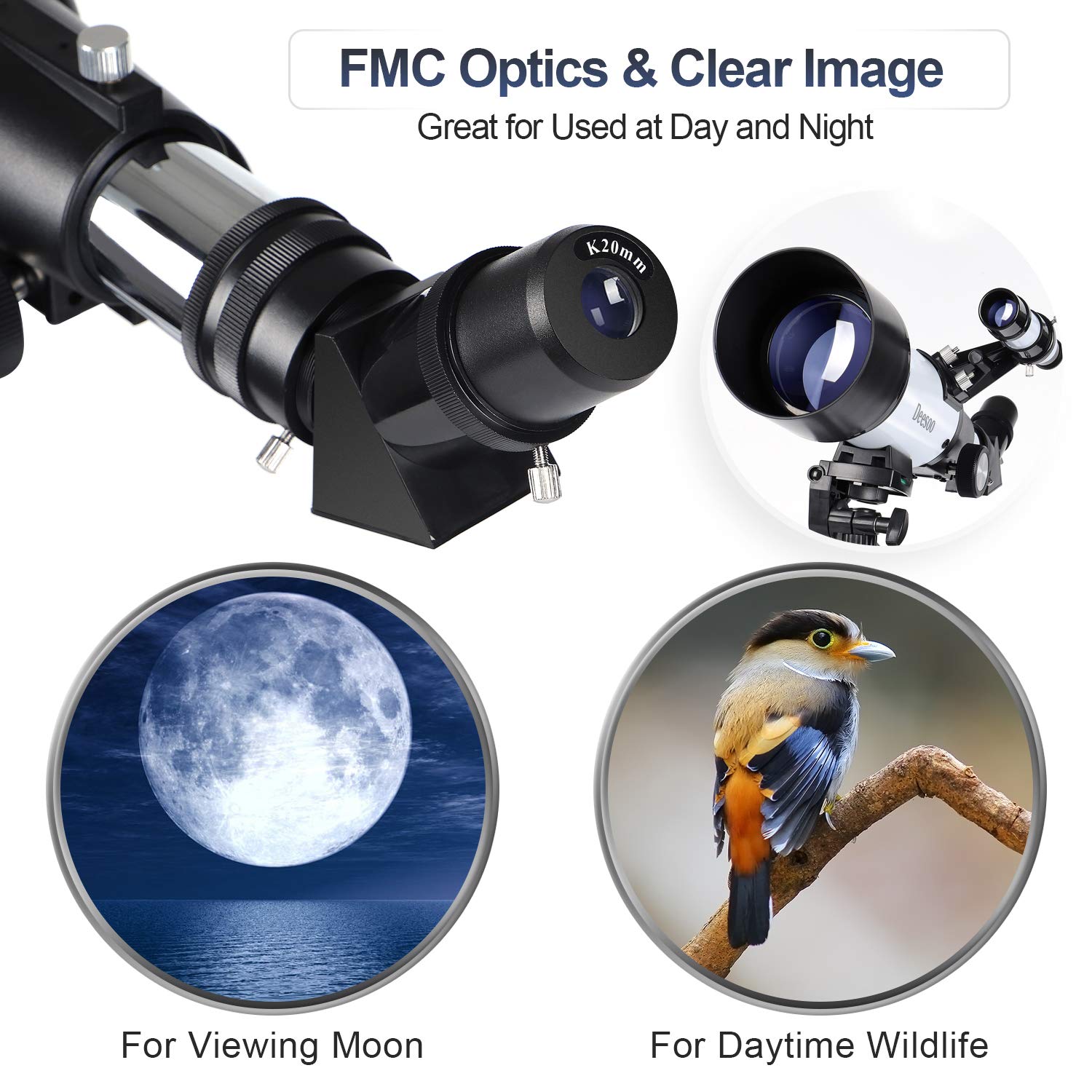 Deesoo Telescopes for Adults Kids - Portable Telescope FMC Lens Adjustable Tripod Backpack Phone Holder for Moon Viewing - 70mm Aperture 400mm Refractor Telescope for Beginners